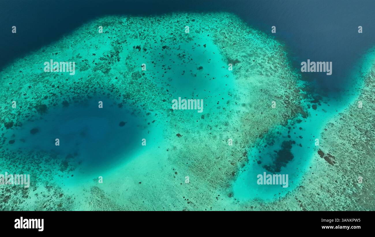 Aerial view of a beautiful blue hole surrounded by a tropical reef in ...