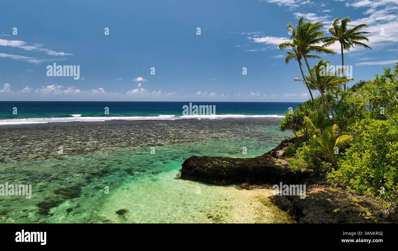 Aerial view of pristine tropical island with coral reef and palm trees ...