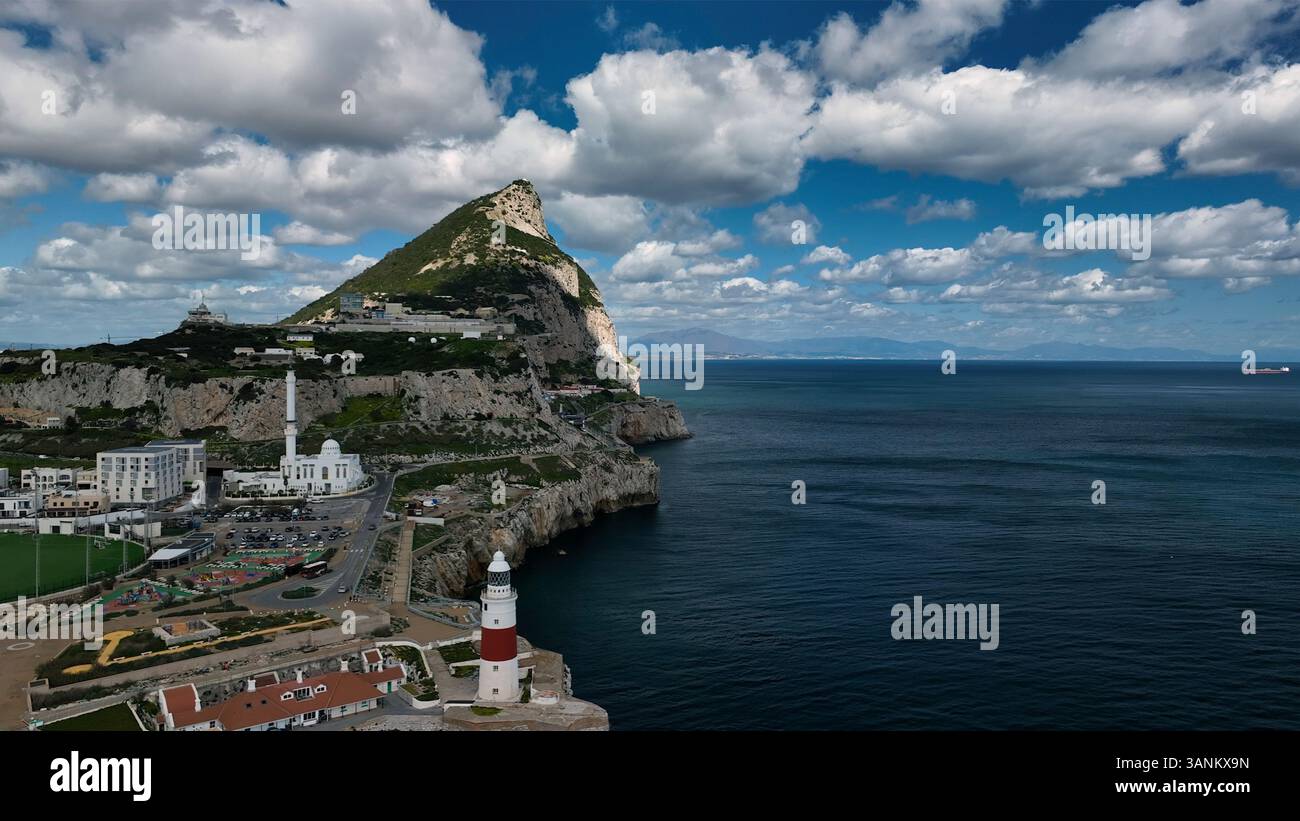 Aerial view of the majestic rock of Gibraltar surrounded by the ...