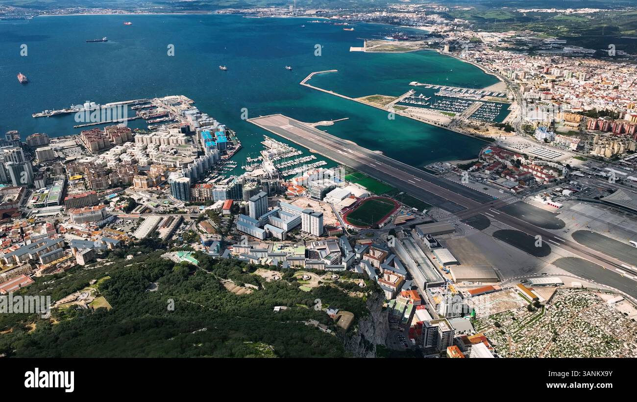 Aerial view of the rock of Gibraltar with the ocean and airport ...