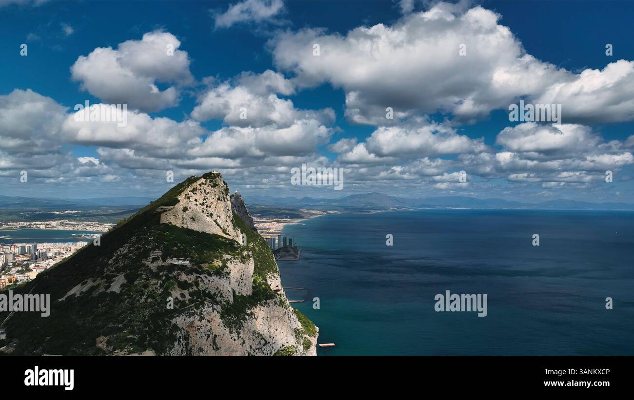 Aerial view of the majestic rock of Gibraltar surrounded by the ...