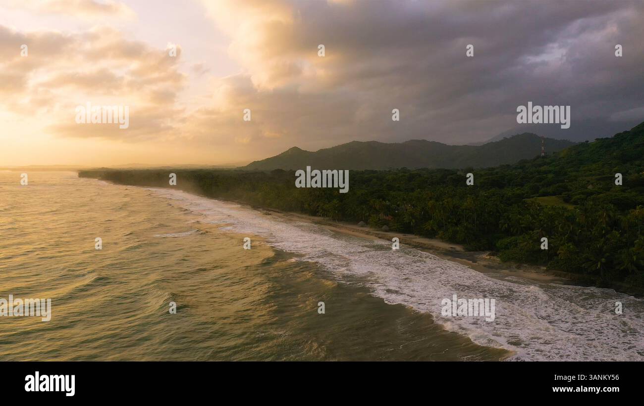 Aerial view of serene coastal jungle and mountain landscape, Santa ...