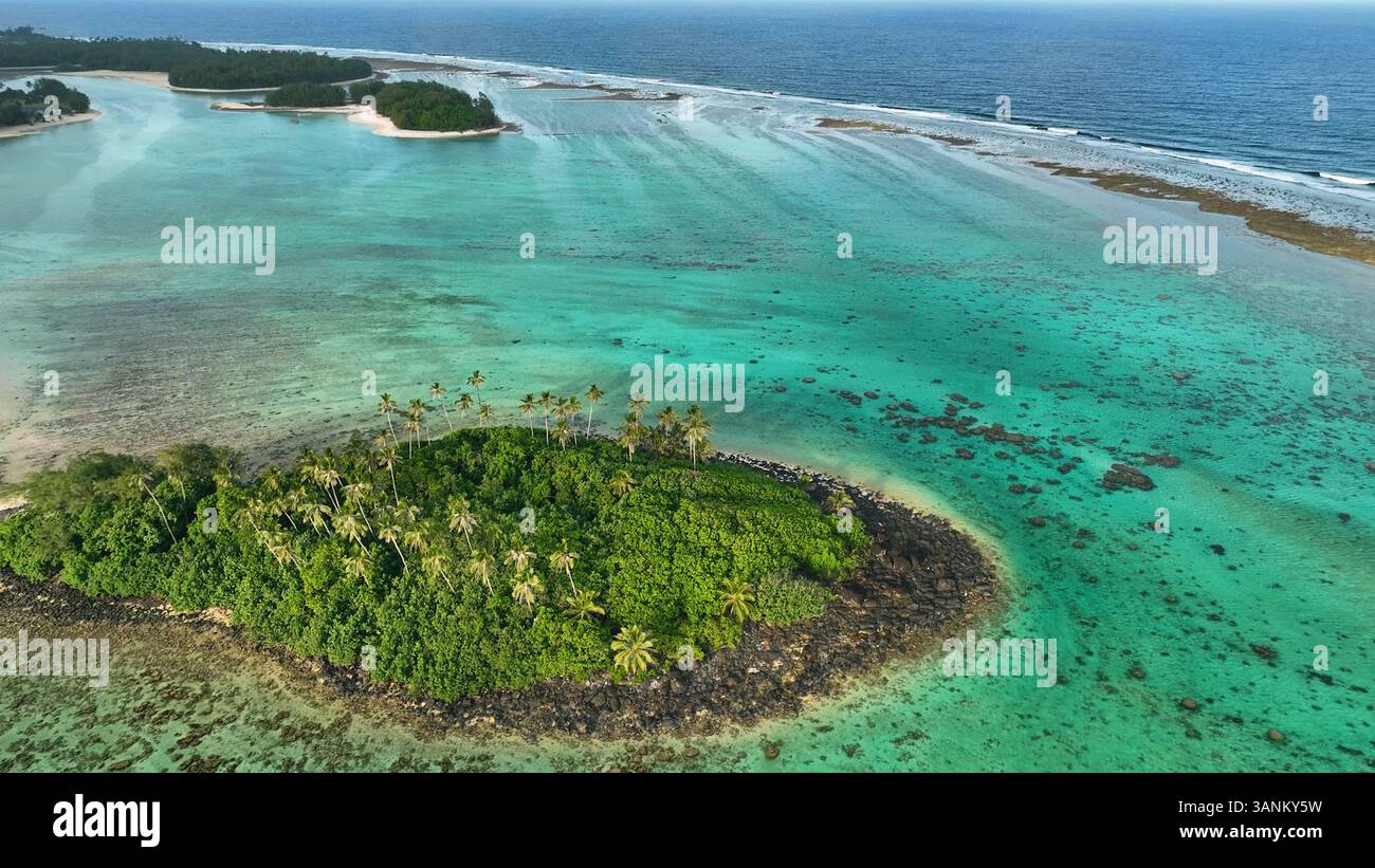 Aerial view of a beautiful tropical island with lush palm trees and ...