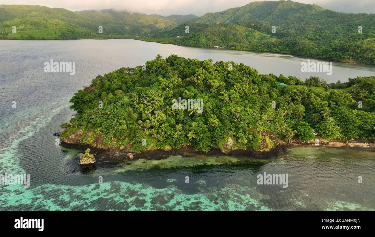 Aerial view of lush tropical island with clear blue waters and ...