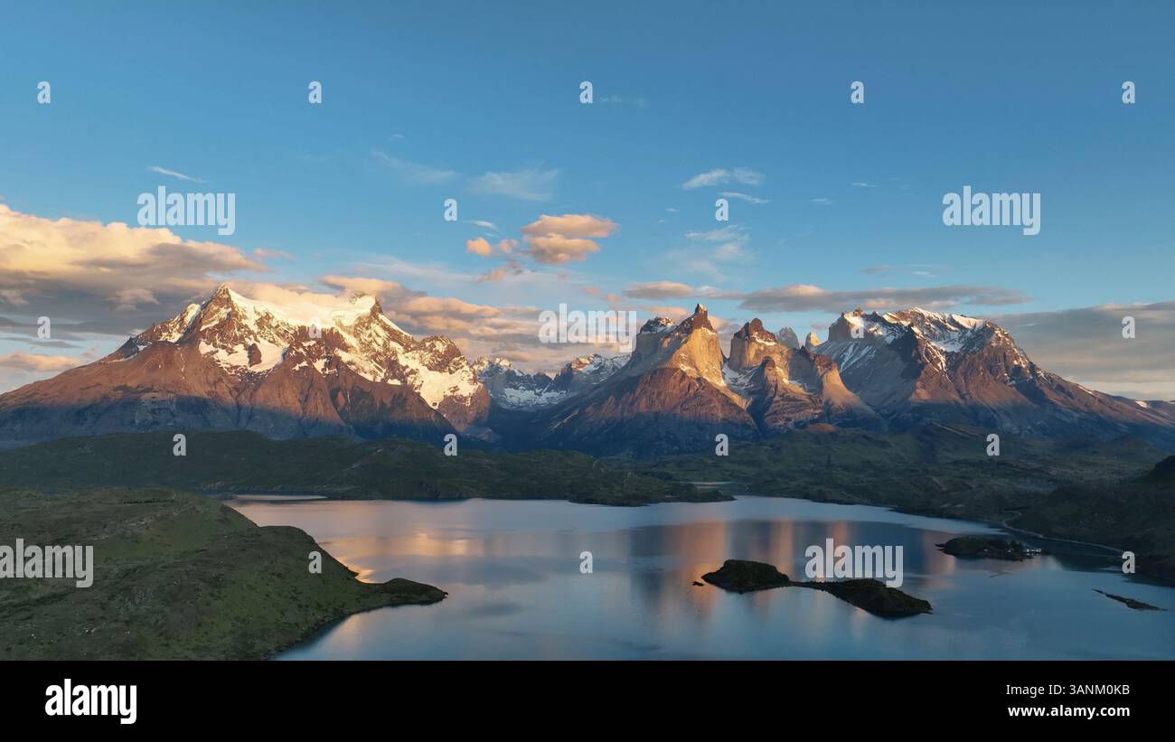 Aerial view of serene lake and majestic mountains in Torres del Paine, Chile Stock Photo - Alamy
