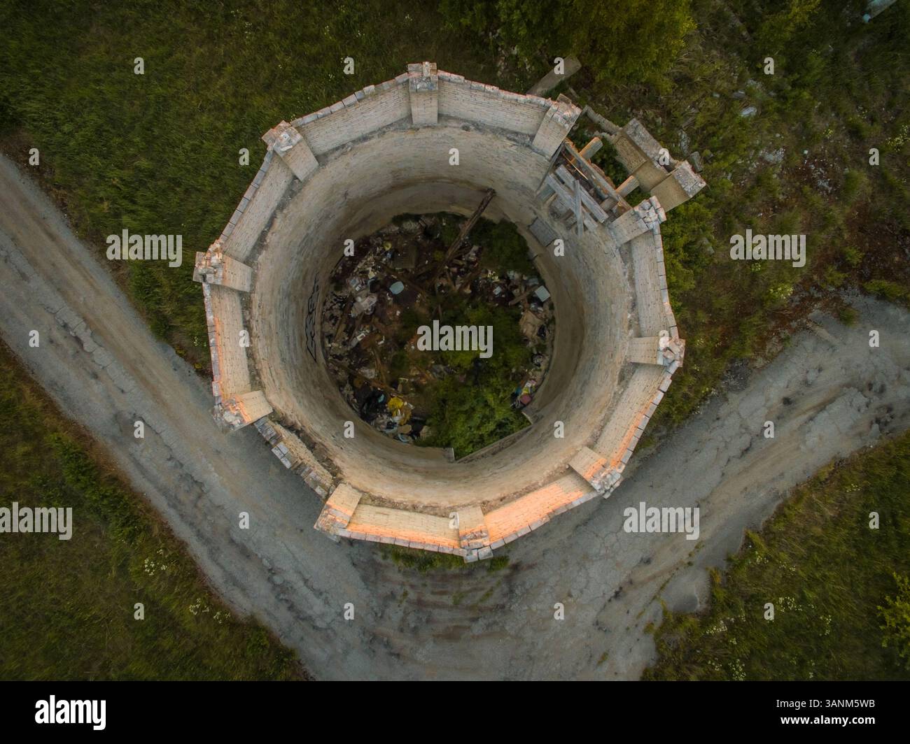 Aerial view of rubbish in an abandoned stone construction in ...