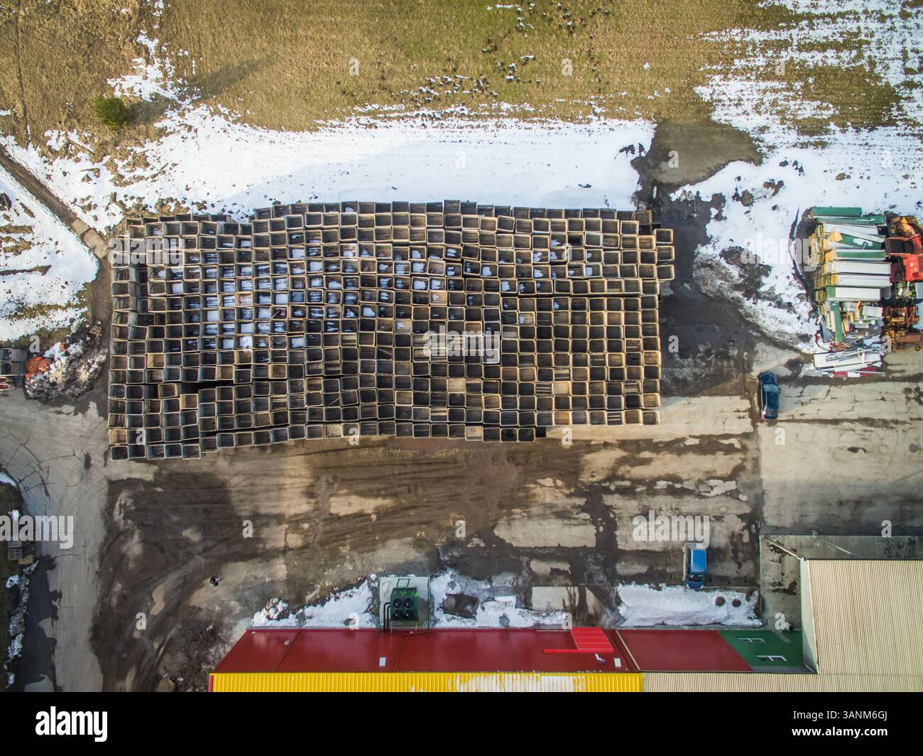 Aerial view of wooden boxes in an industrial area in Estonia Stock ...