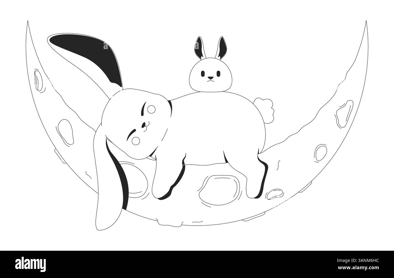 Cute lo-fi bunnies sleeping on crescent moon 2D line characters Stock ...