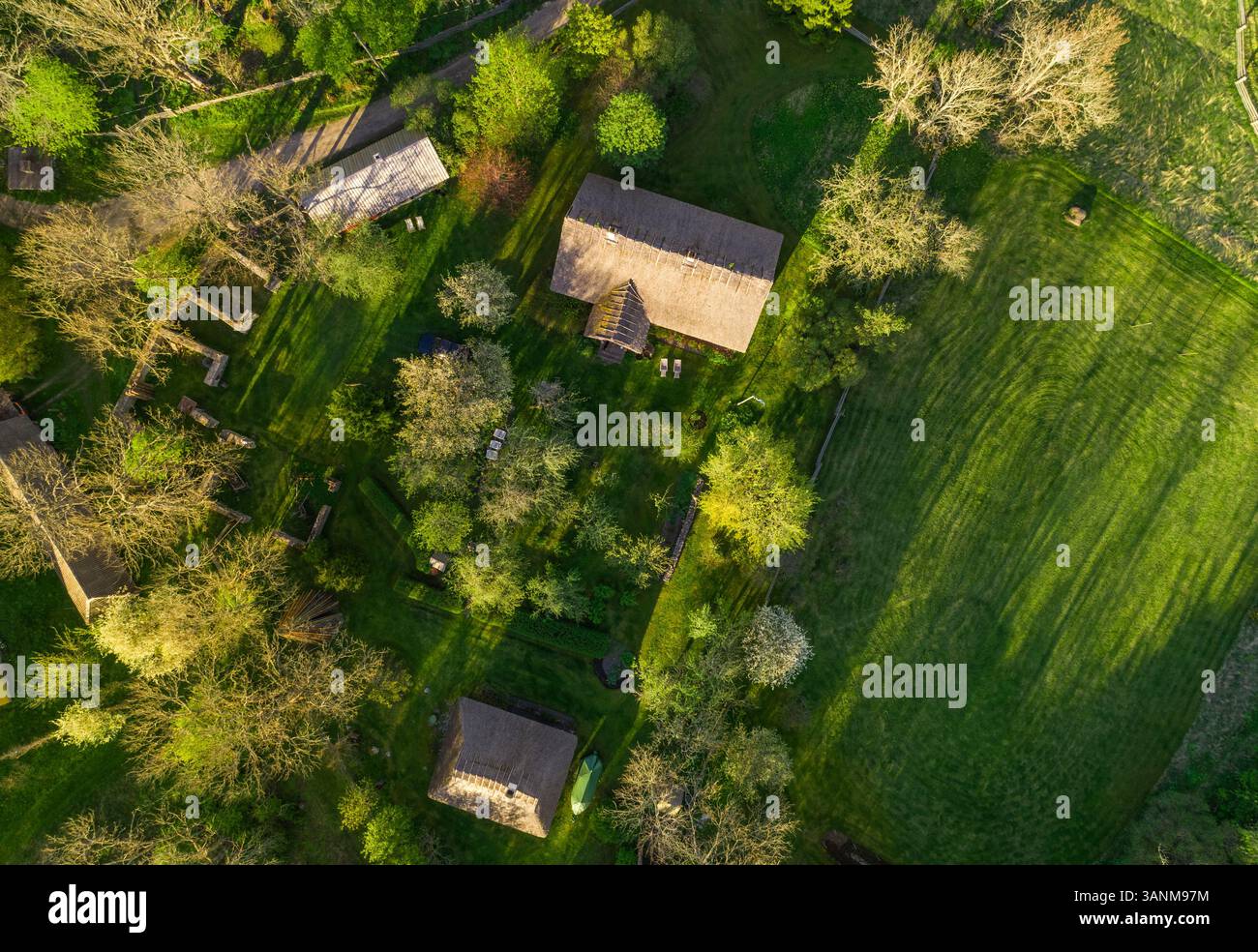 Aerial view village surrounded by fields on Forby on Vormsi island ...