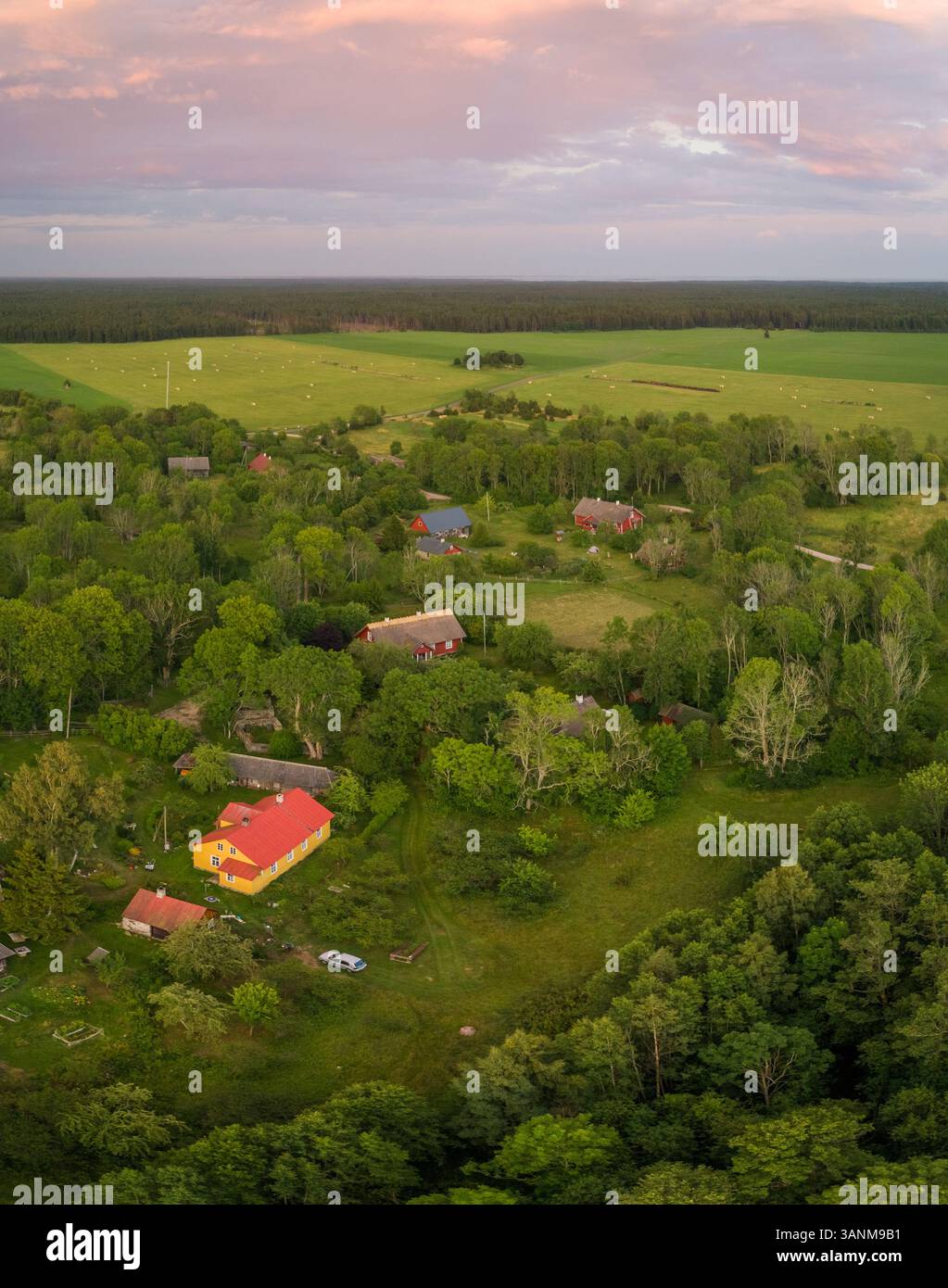Aerial view village surrounded by fields on Forby on Vormsi island ...