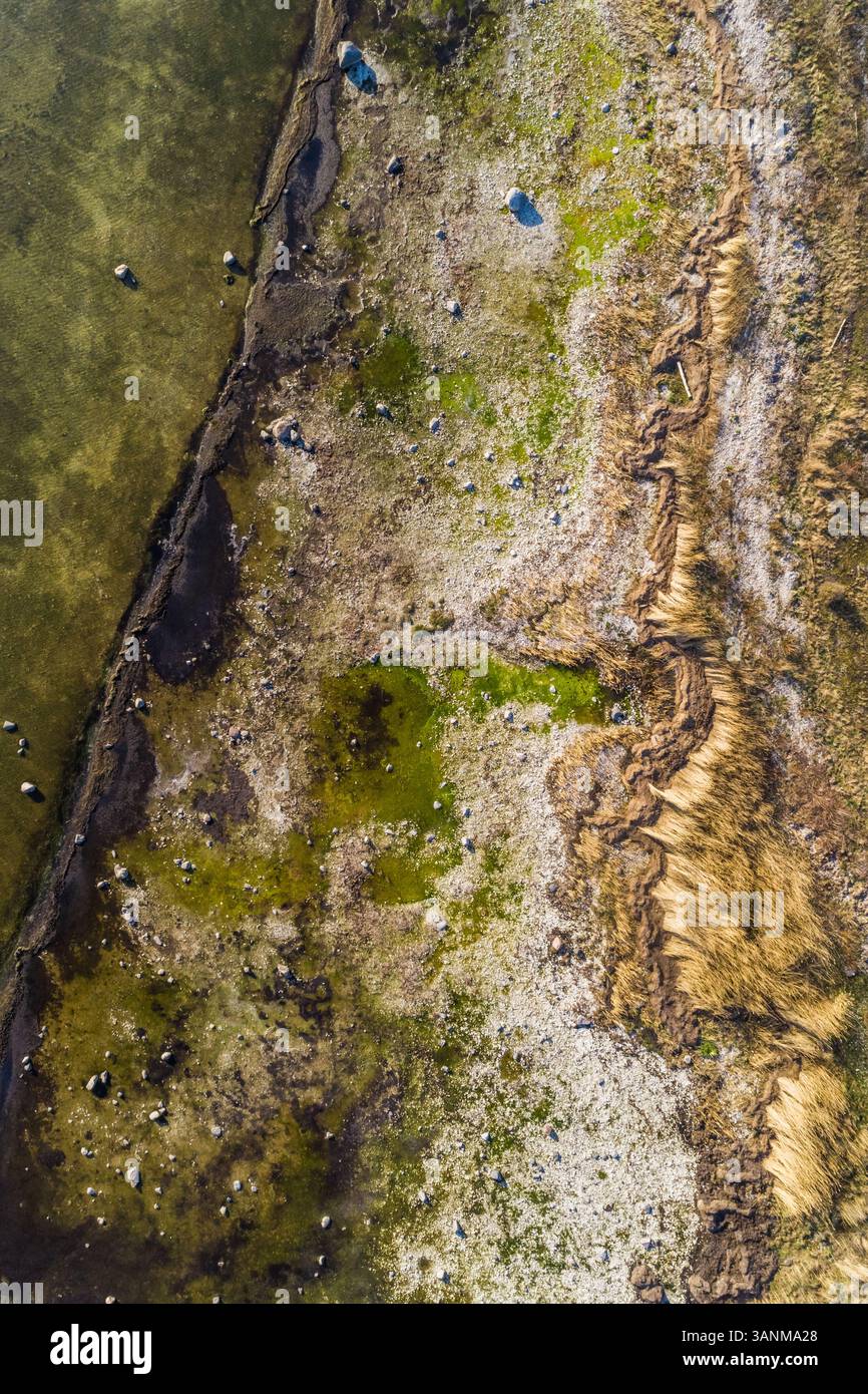 Abstract aerial view of algae beach at wintertime in Forby on the ...