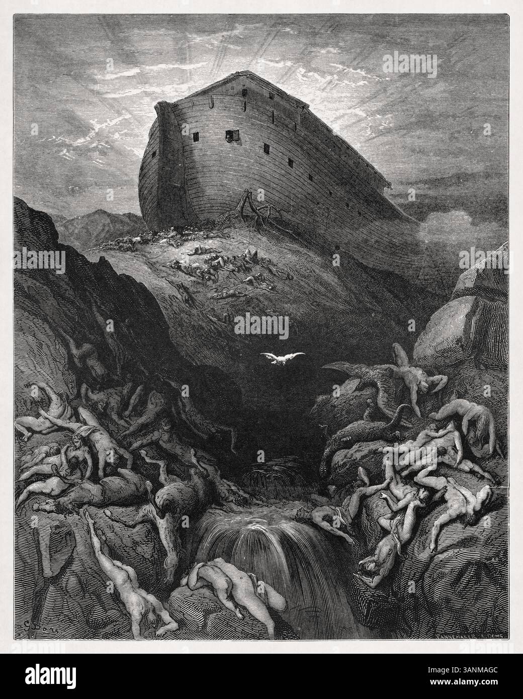 Engraving depicting a dove sent out from Noah's Ark made in 1866 by ...