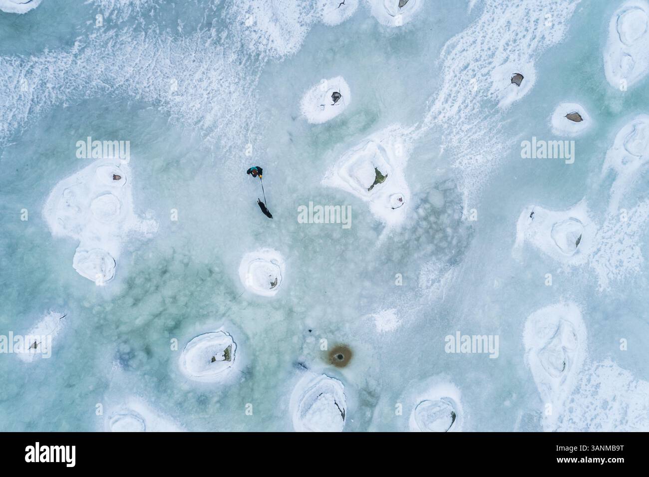 Aerial view of a man walking his dog on the frozen sea in Muraste ...