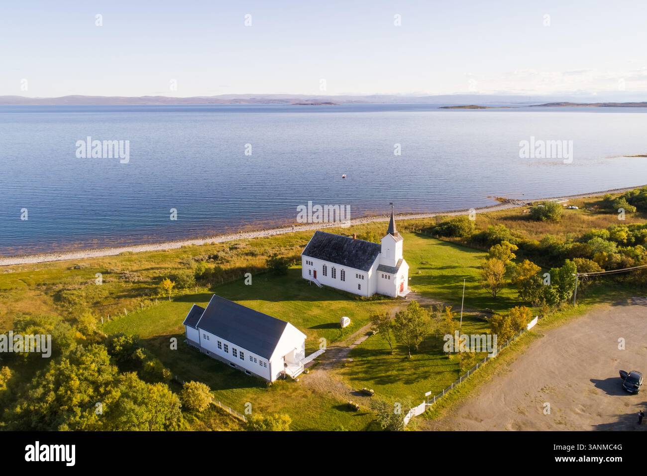 Aerial view of Kistrand Church, Čuđegieddi, Norway Stock Photo - Alamy