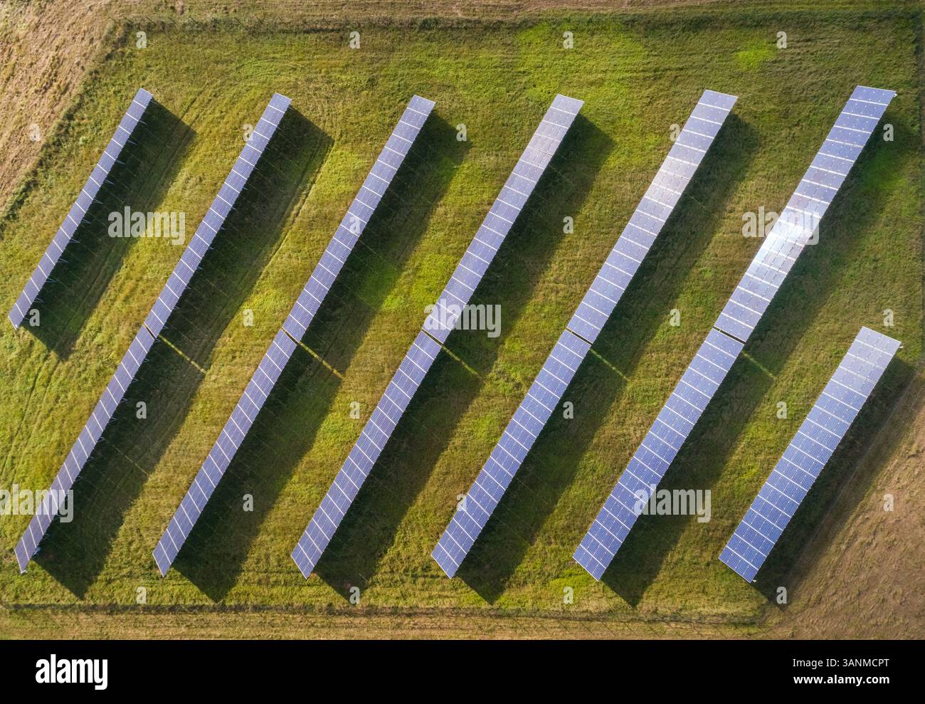 Aerial view above of solar panel rows during daylight, Estonia Stock ...
