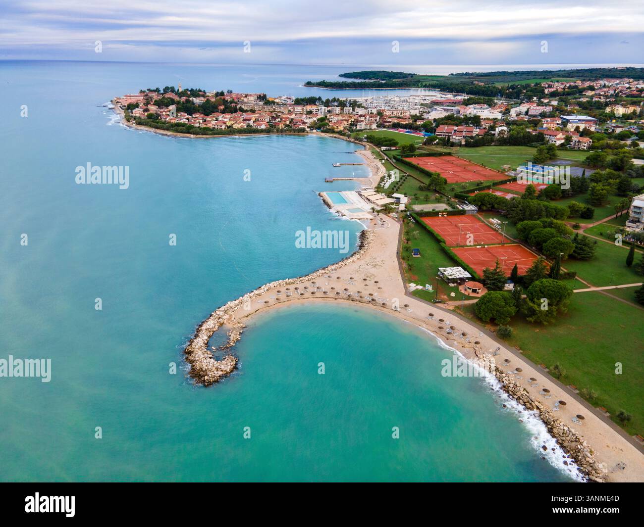 Aerial view of beautiful Novigrad town with sandy beach, coastal ...