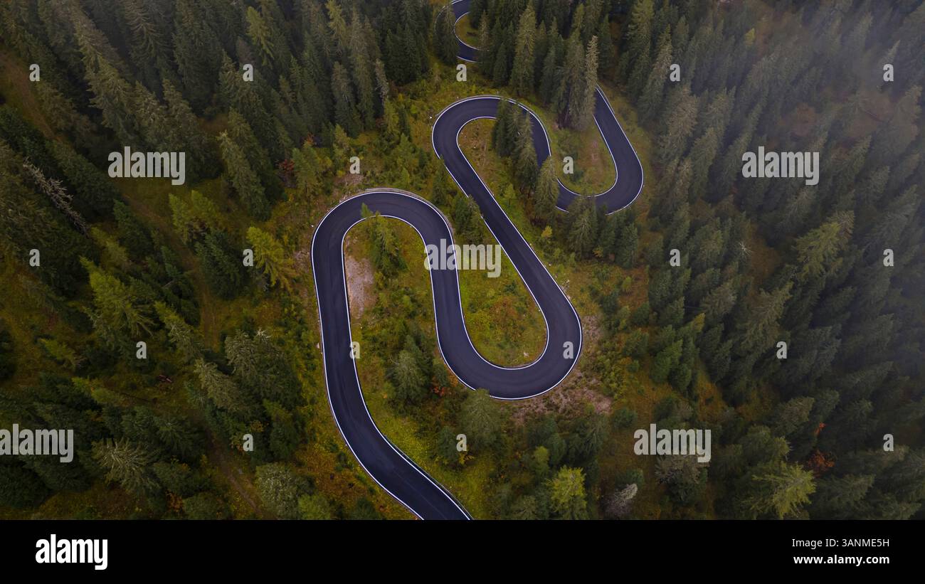 Aerial view of Snake road from Cortina d'Ampezzo to Passo Giau ...