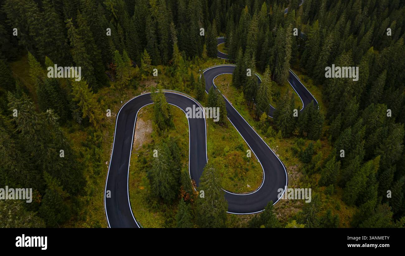 Aerial view of Snake road from Cortina d'Ampezzo to Passo Giau ...