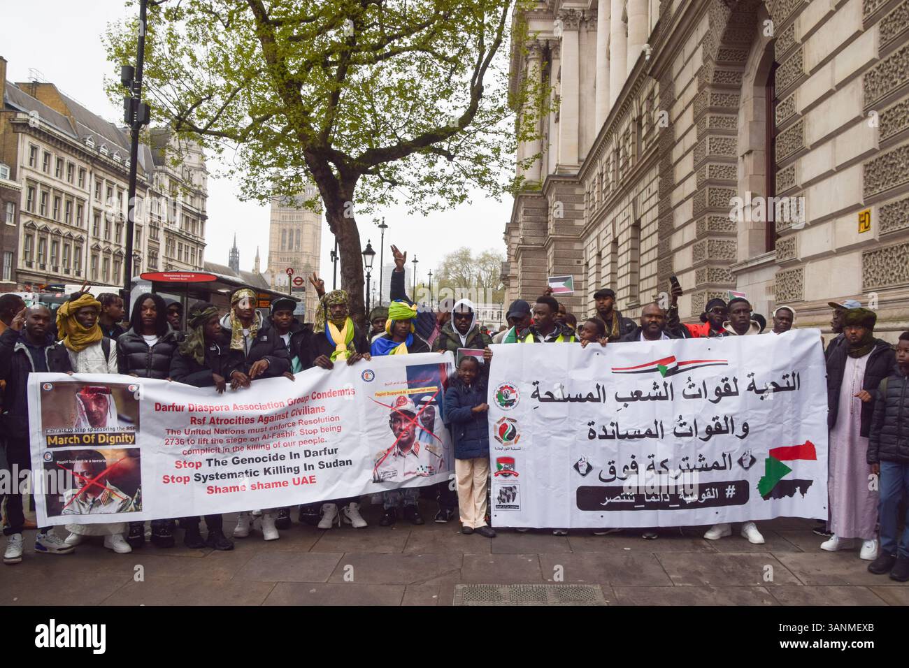 London, UK. 15th April 2025. Protesters opposed to the Rapid Support ...