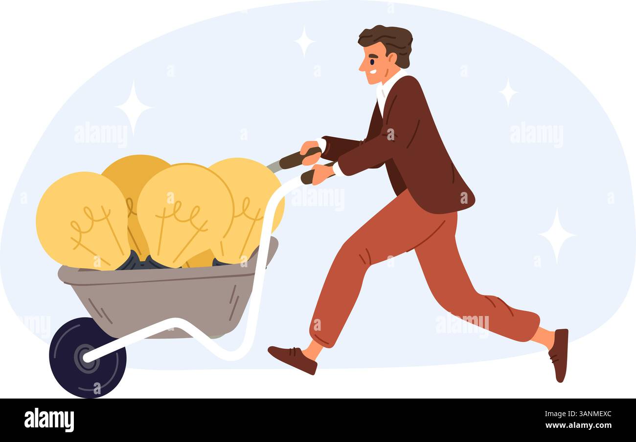 Man carrying cart full of light bulbs. Many ideas. Businessman pushing ...