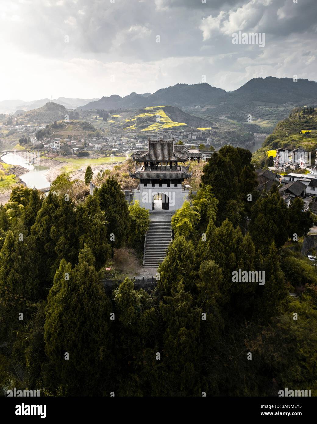 Aerial view of picturesque Furong Ancient Town with historic ...