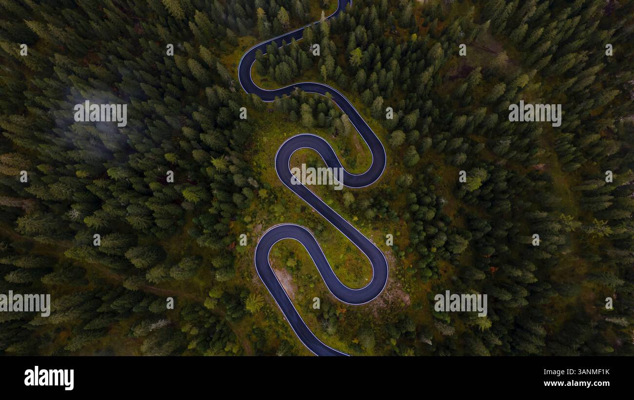 Aerial view of Snake road from Cortina d'Ampezzo to Passo Giau ...