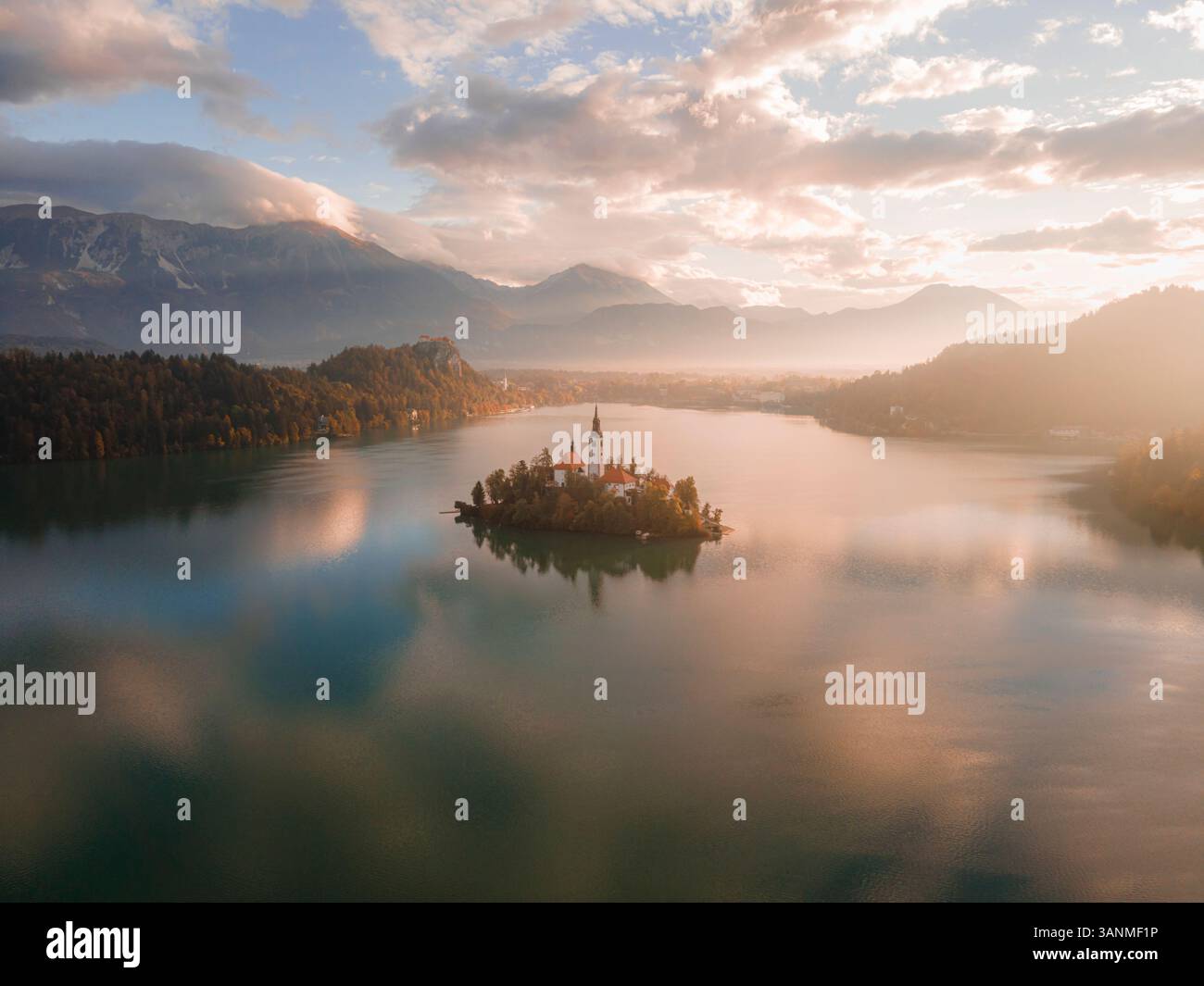 Aerial view of sunrise over lake Bled in Slovenia Stock Photo - Alamy