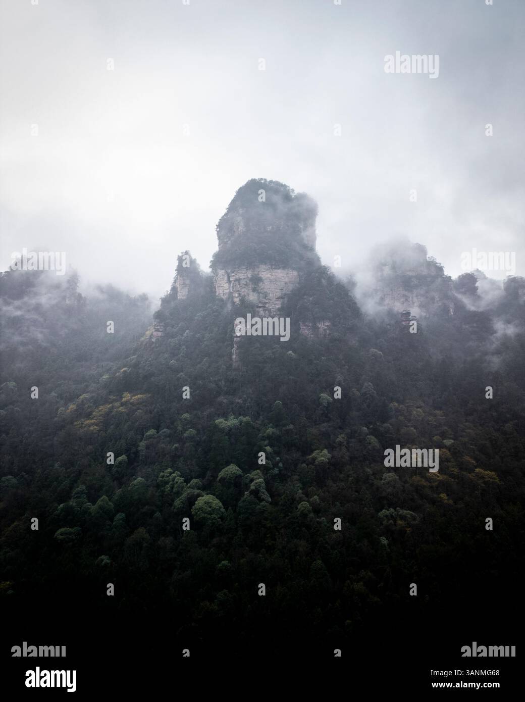 Aerial view of majestic mountains shrouded in mist and clouds with lush ...