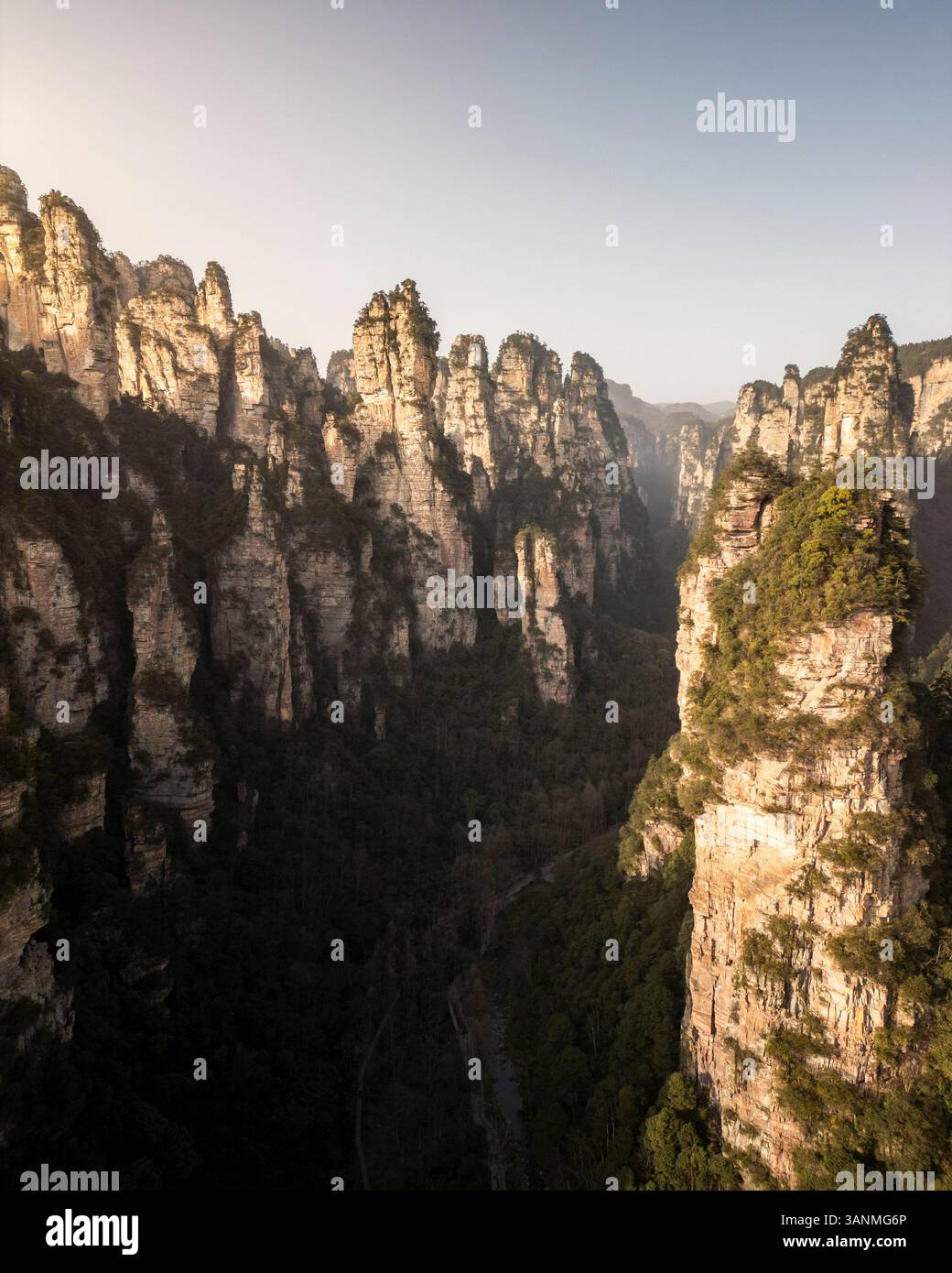 Aerial view of majestic mountains and towering rock formations surrounded by lush forest in a ...