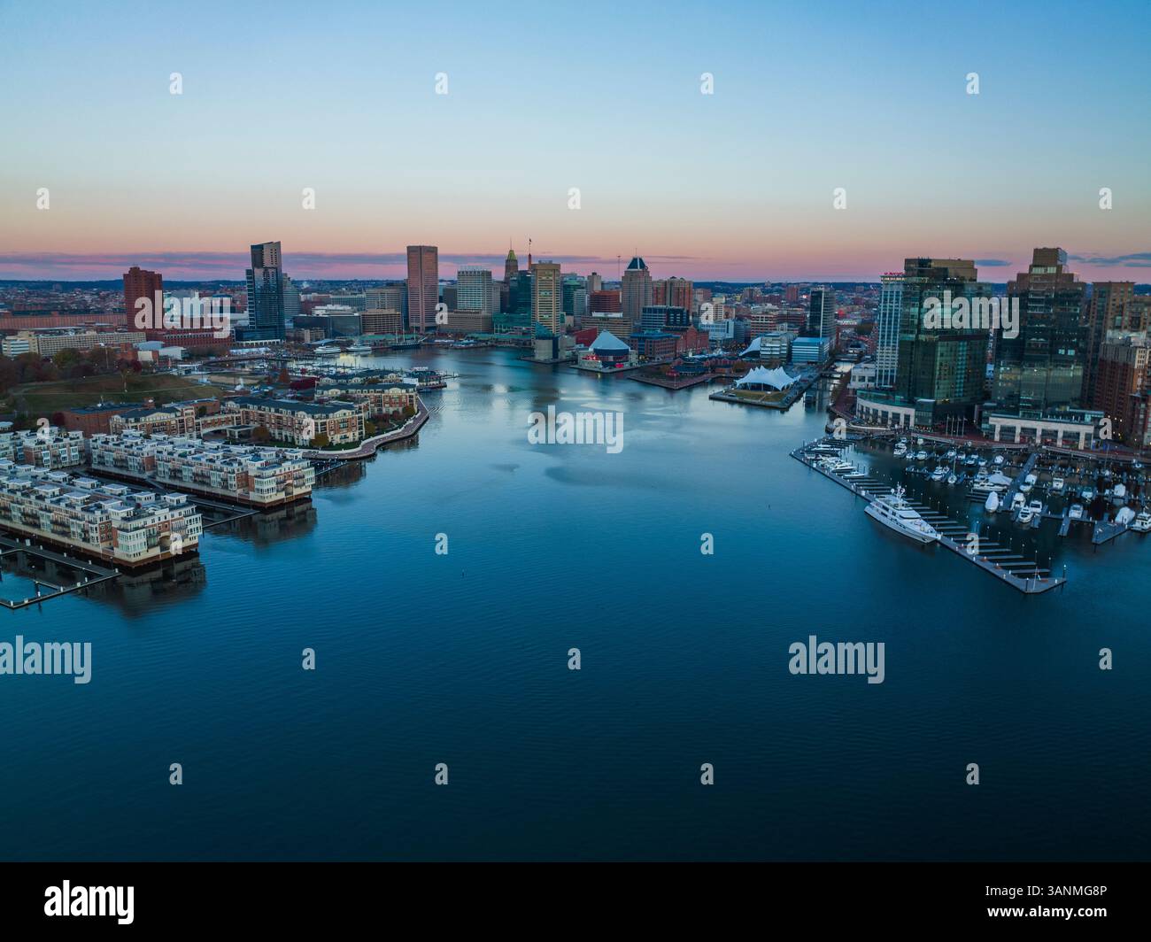 Aerial view of downtown Baltimore with Inner Harbor and Patapsco River ...