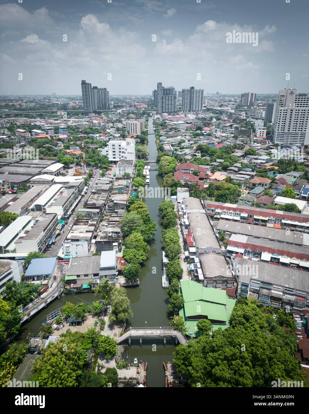 Aerial view of beautiful urban landscape featuring canal, buildings ...