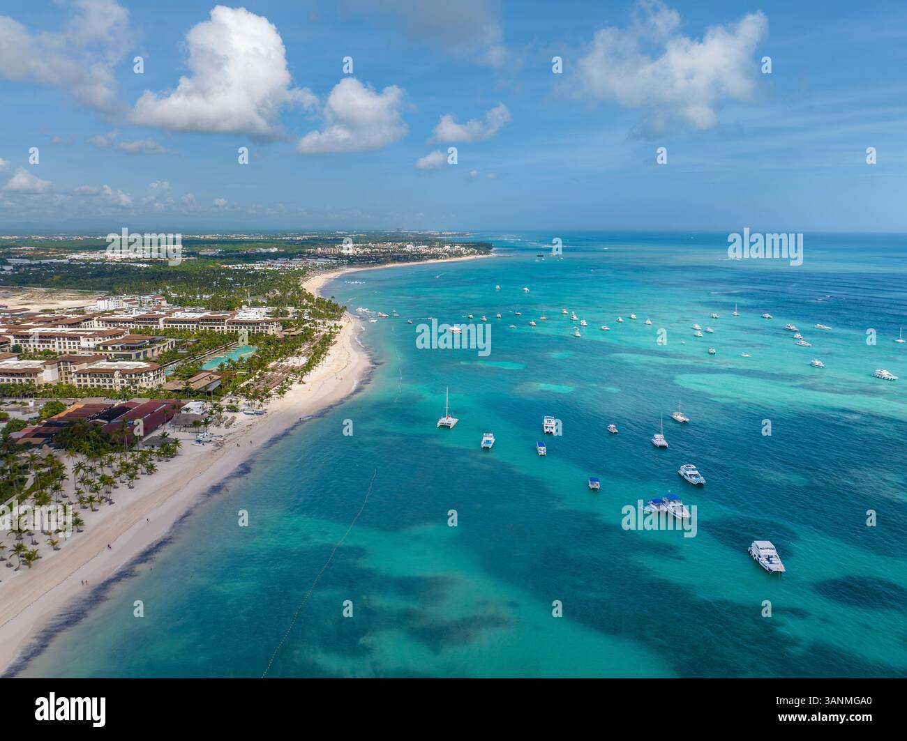 Aerial view of beautiful coastal scene with boats, Punta Cana ...