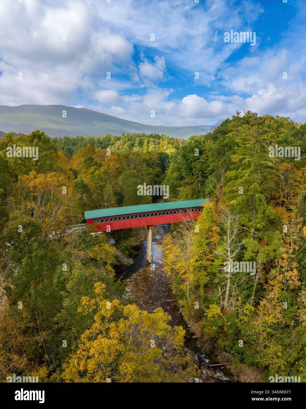 Aerial view of Chiselville Covered Bridge, Chiselville, Vermont, United ...