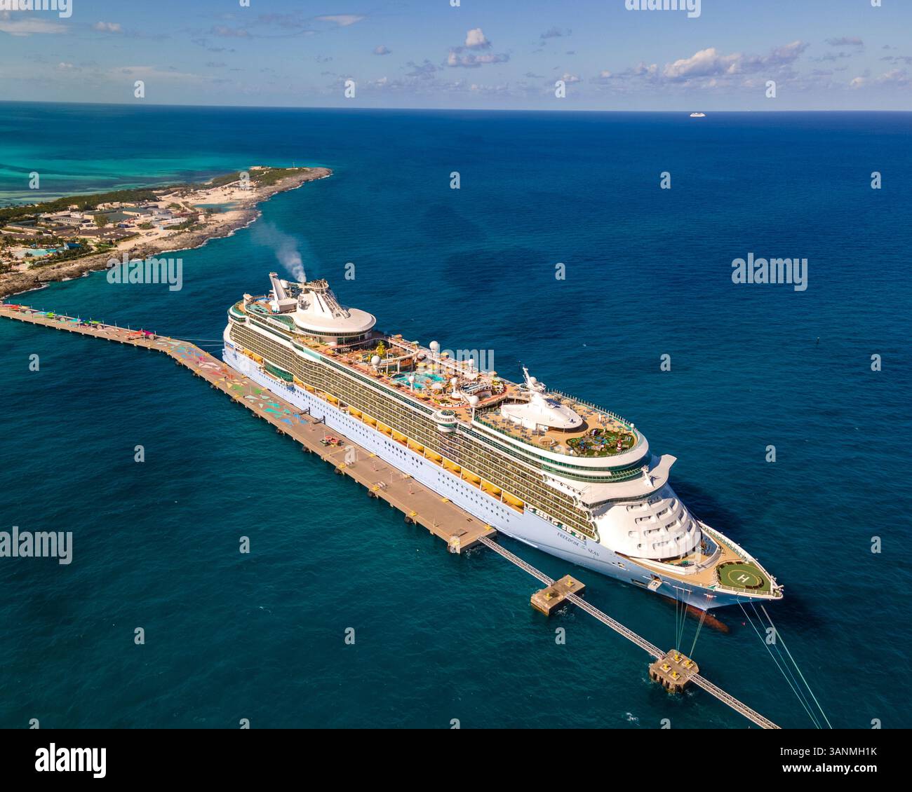 Aerial view of beautiful coastal island landscape, Coco Cay, Freedom of the Seas, cruise ship ...