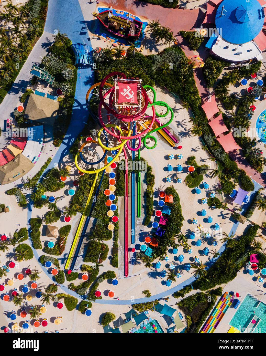 Aerial view of Coco Cay luxury hotel and waterpark, Berry Islands, The ...