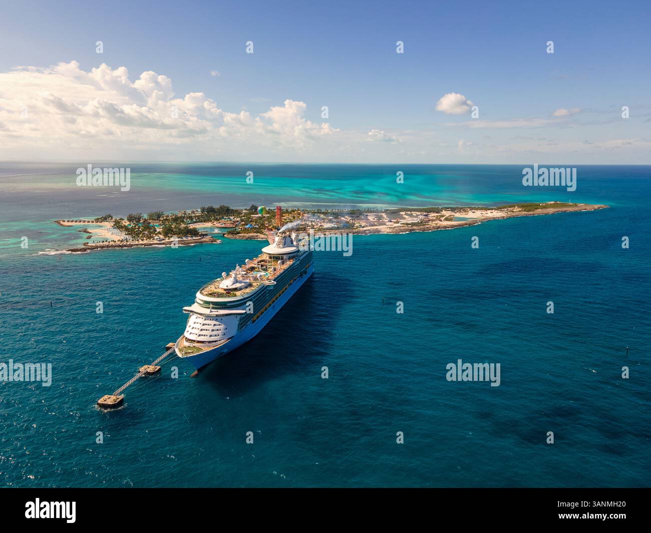 Aerial view of turquoise waters and sandy shores at Coco Cay, Berry ...