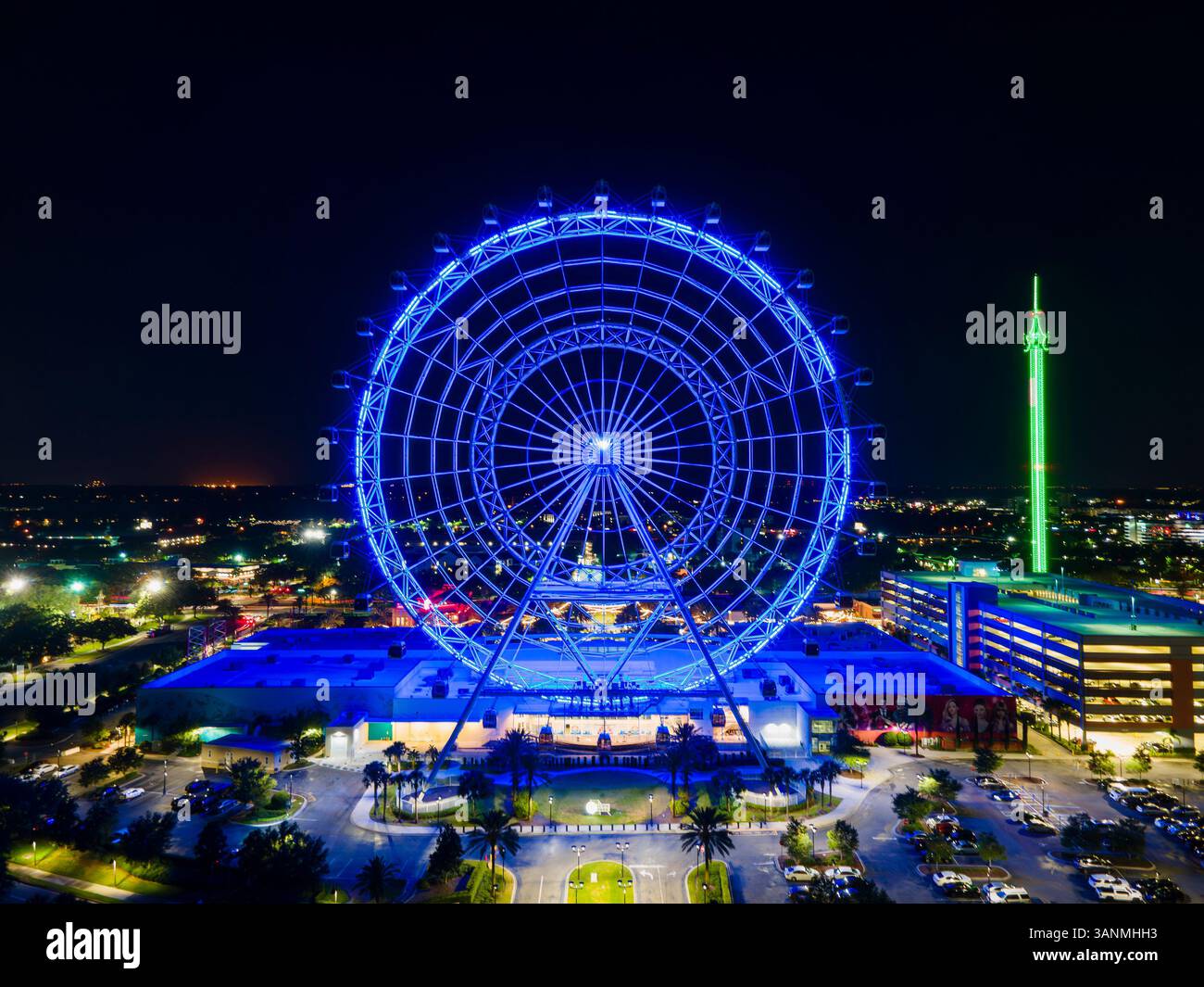 Aerial View of the Wheel at Icon Park at night in Orlando, Florida ...