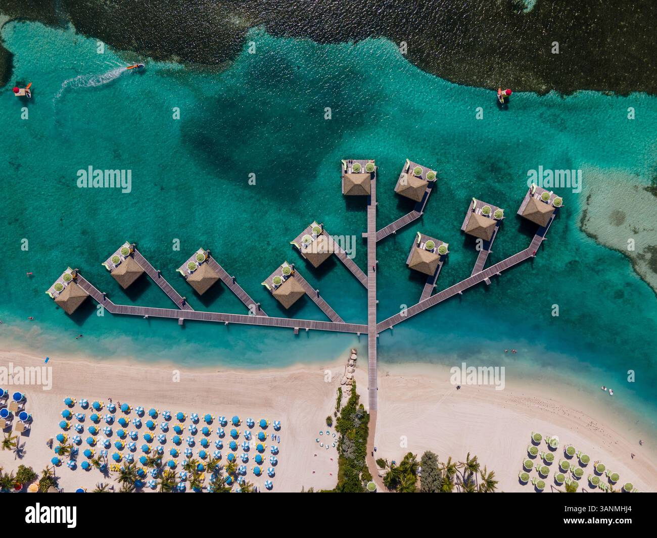 Aerial view of Coco Cay, overwater bungalow, The Bahamas Stock Photo ...