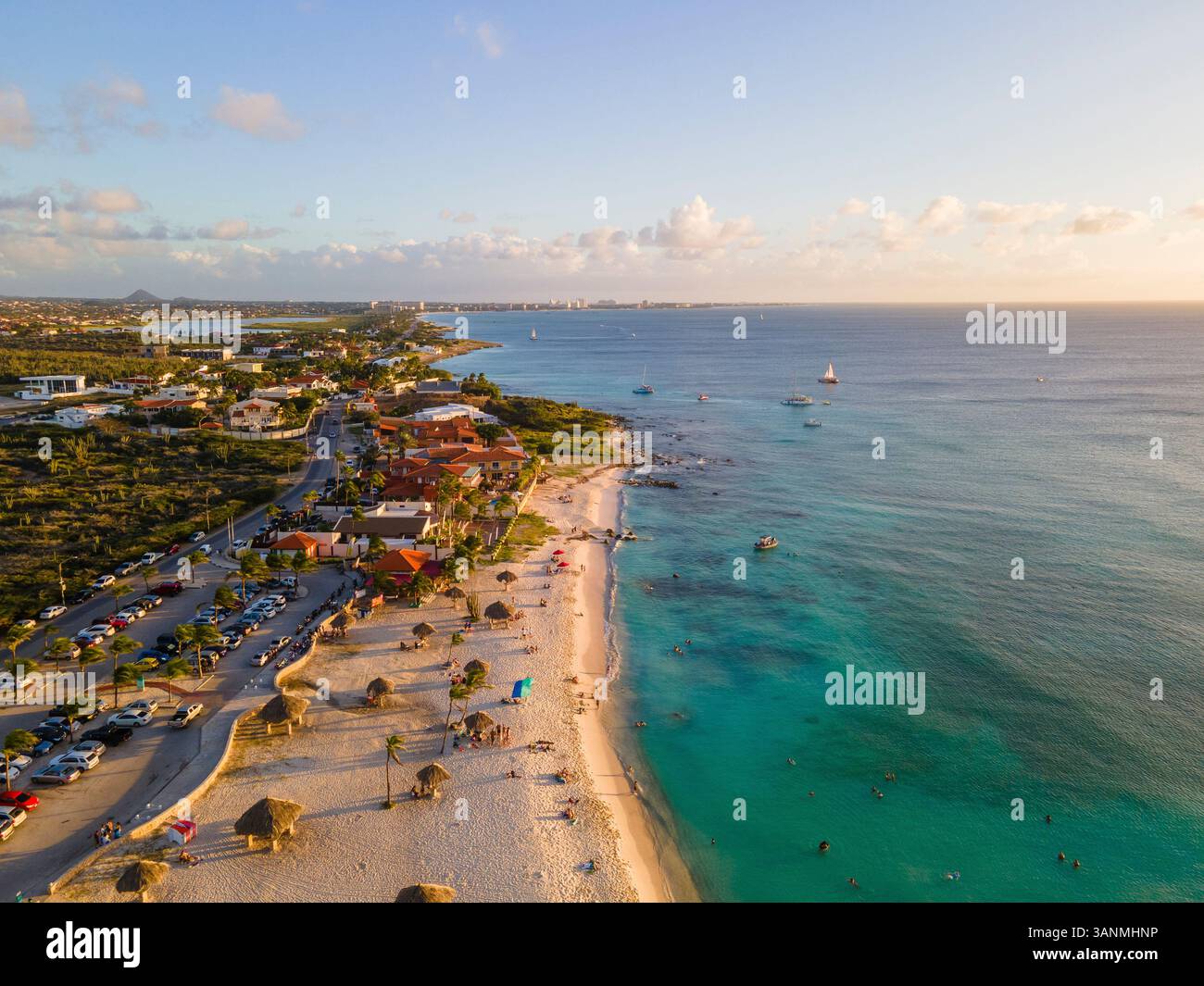 Aerial view of Arashi Beach at sunset in Aruba Stock Photo - Alamy