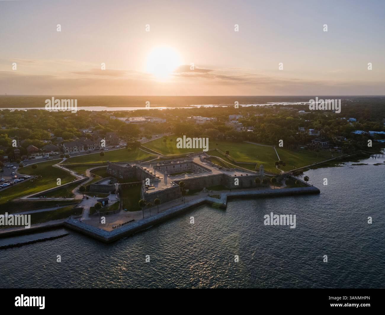 Aerial View of the Castillo de San Marcos at sunset in historic ...