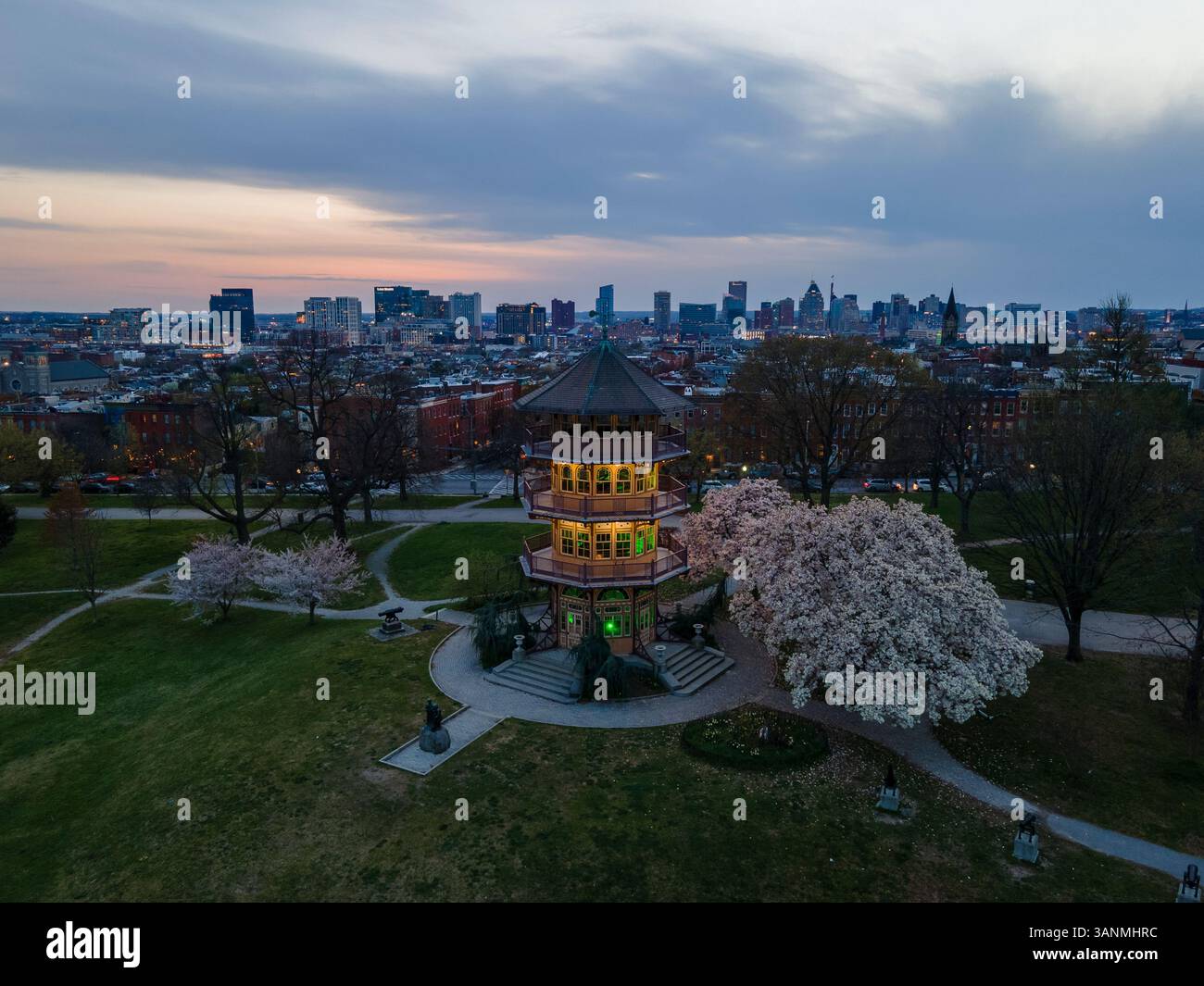 Aerial view of the Patterson Park Pagoda Observatory after sunset in ...