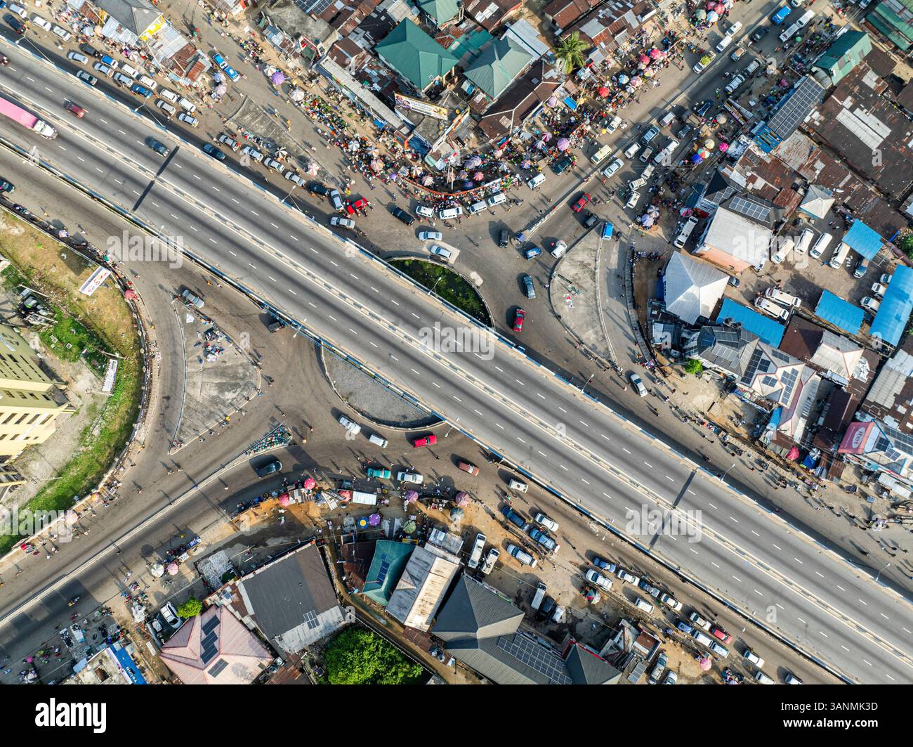 Aerial view of bustling Rumuokoro junction with busy traffic and urban ...