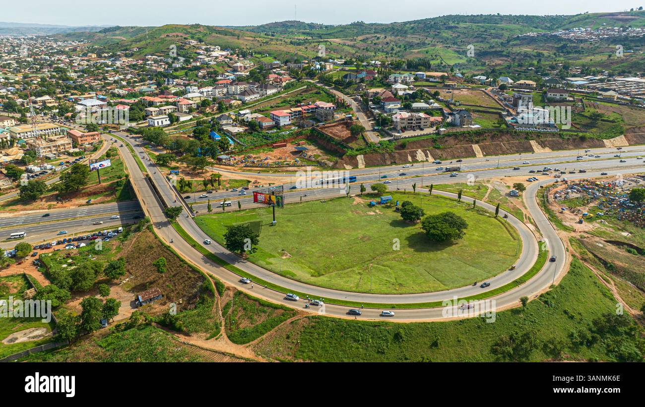 Aerial view of a beautiful urban landscape featuring roads, buildings ...