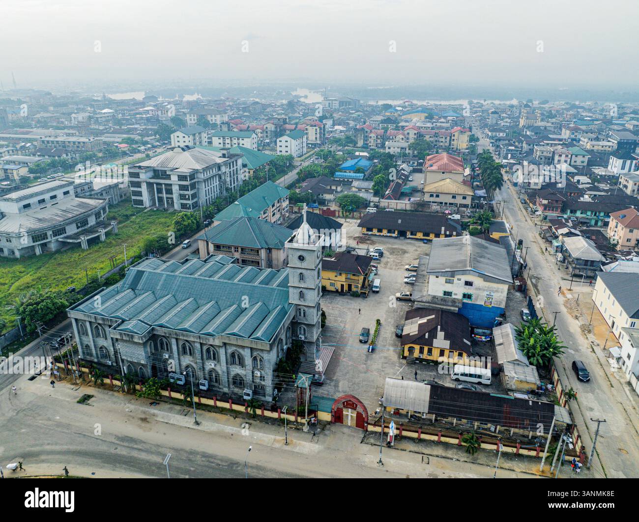 Aerial view of st cypran church amidst bustling cityscape and modern ...
