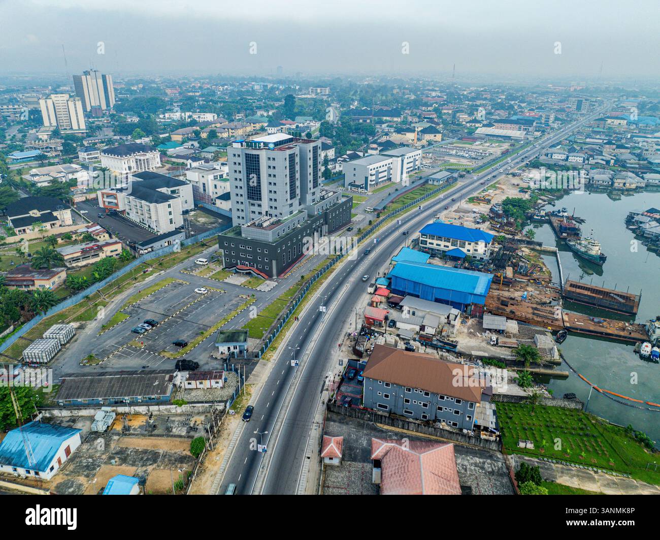 Aerial view of modern architecture and bustling urban landscape with ...