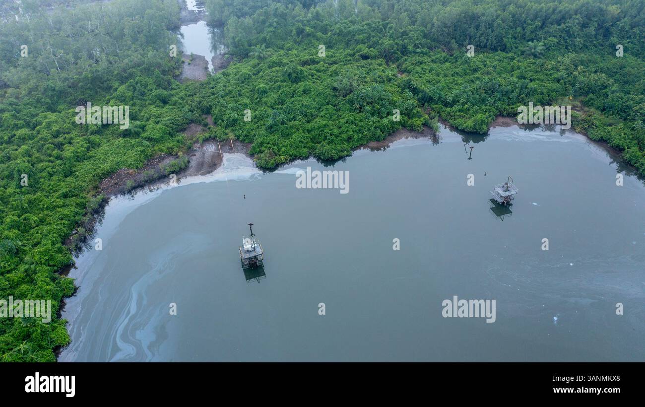 Aerial view of serene well head surrounded by lush greenery and water ...