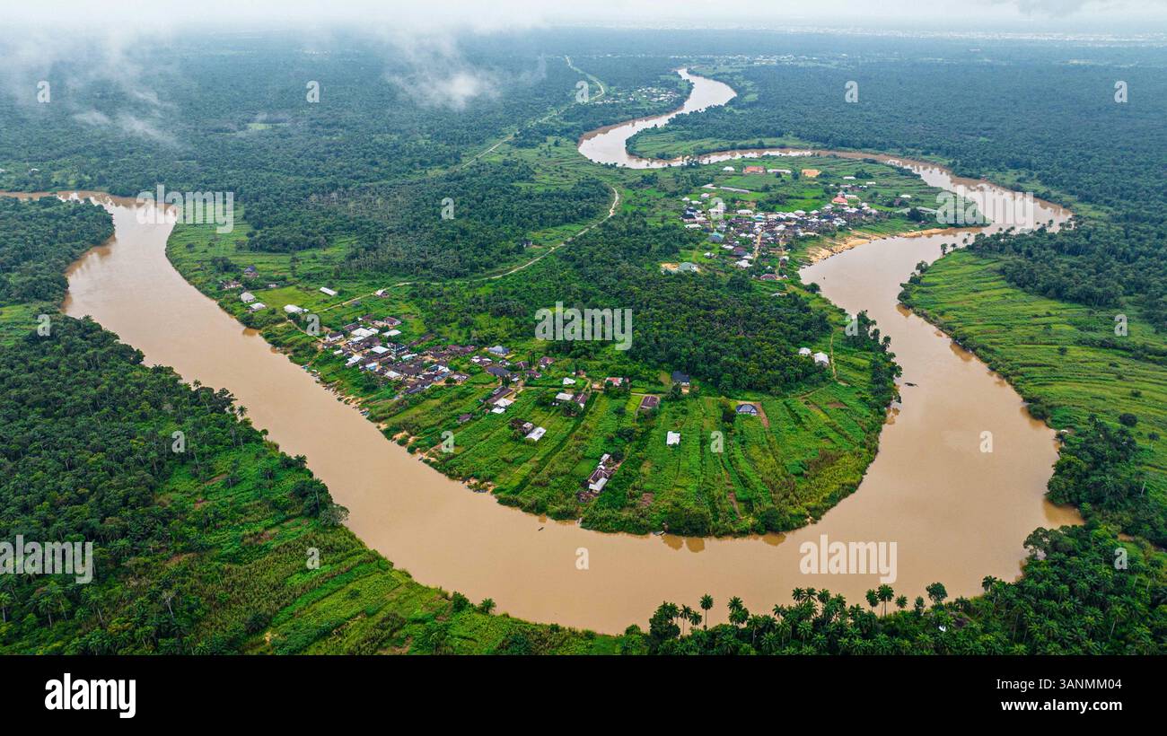 Aerial view of the lush and scenic Orashi River meandering through a ...