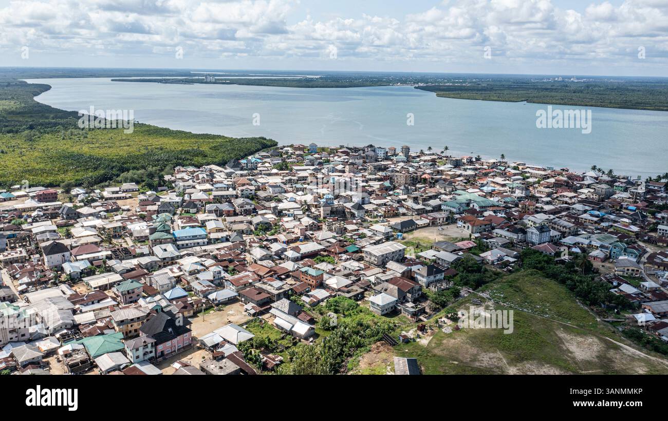 Aerial view of a beautiful city and water landscape with rooftops and ...