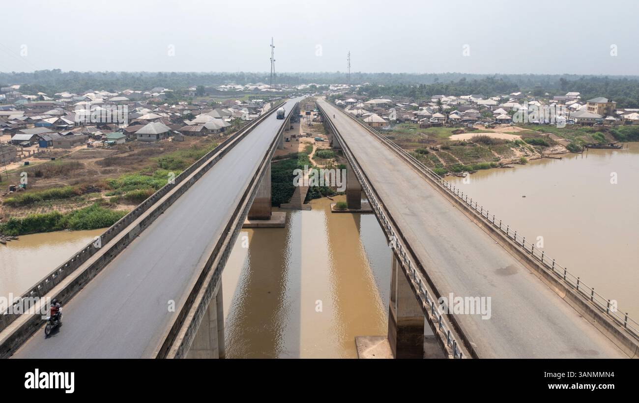 Aerial view of a beautiful bridge connecting to Bayelsa over a scenic ...