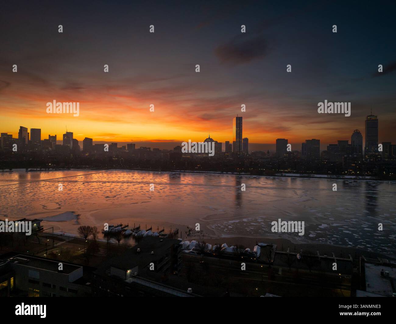 Aerial view of boston skyline at sunset with longfellow bridge and ...